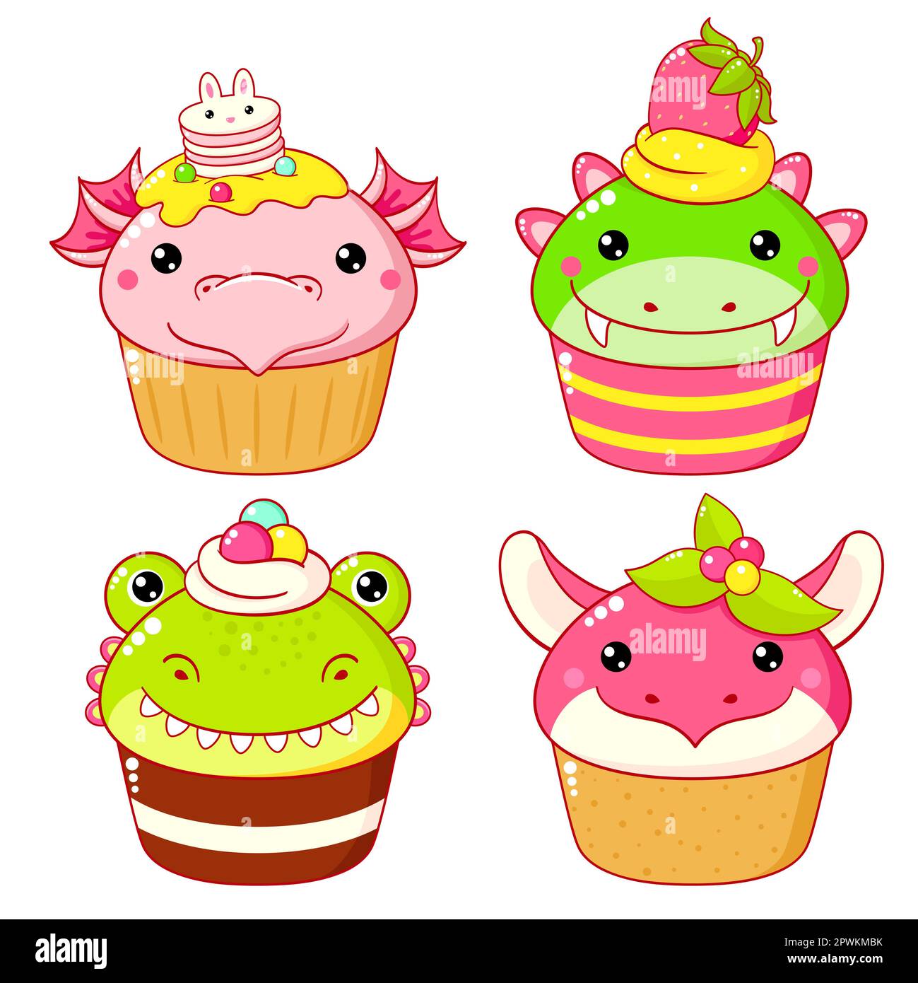 Ensemble de jolis desserts en forme de dragon dans le style kawaii. Gâteau, muffin et cupcake à ...