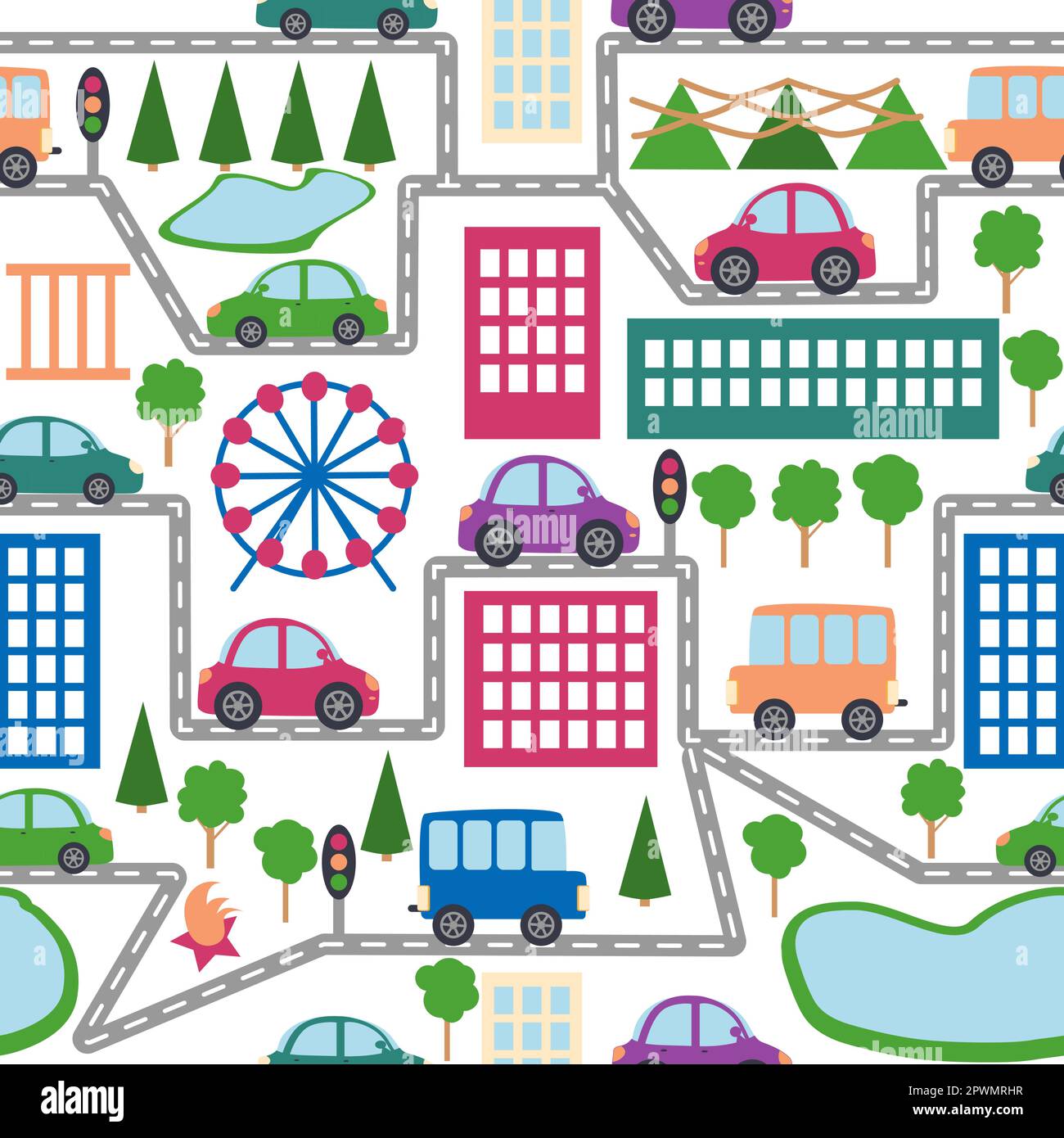 Voitures, bus, trains, maisons et routes, ville sans couture modèle ...