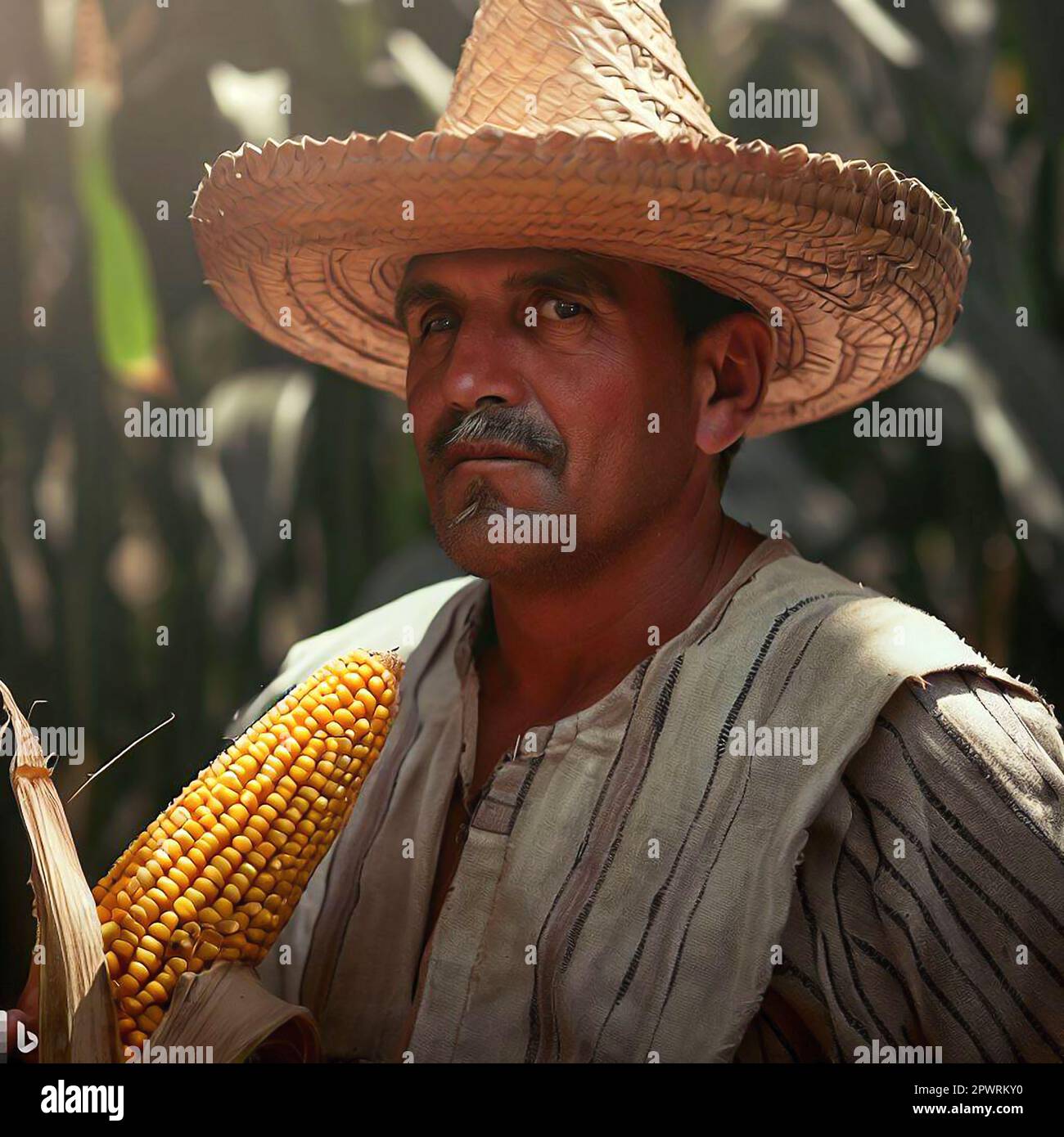 Gros plan d'un agriculteur mexicain détenant un épis de maïs avec une ...