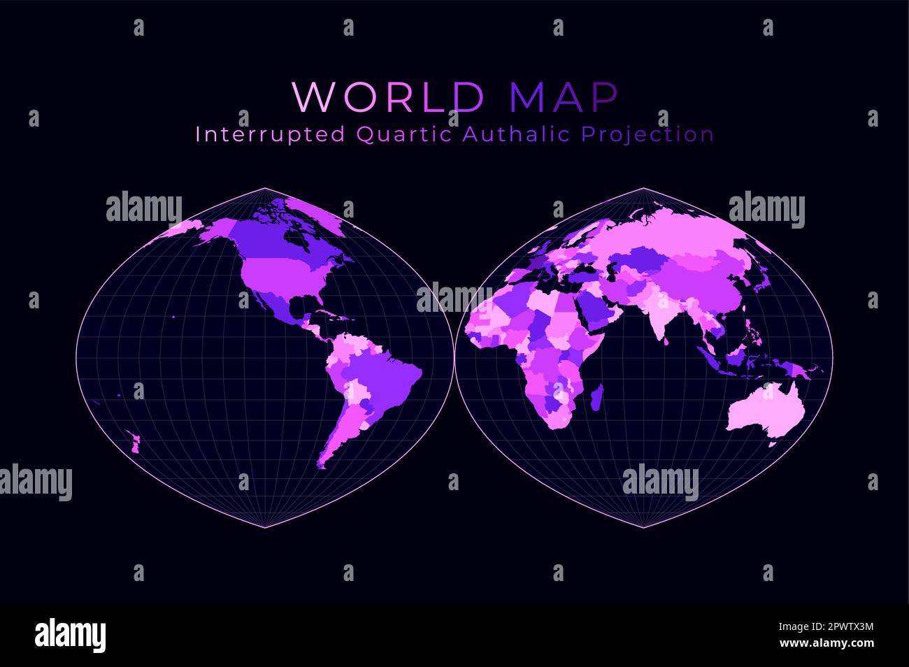 Carte du monde. Projection authalique quartique interrompue en deux hémisphères. Illustration du ...