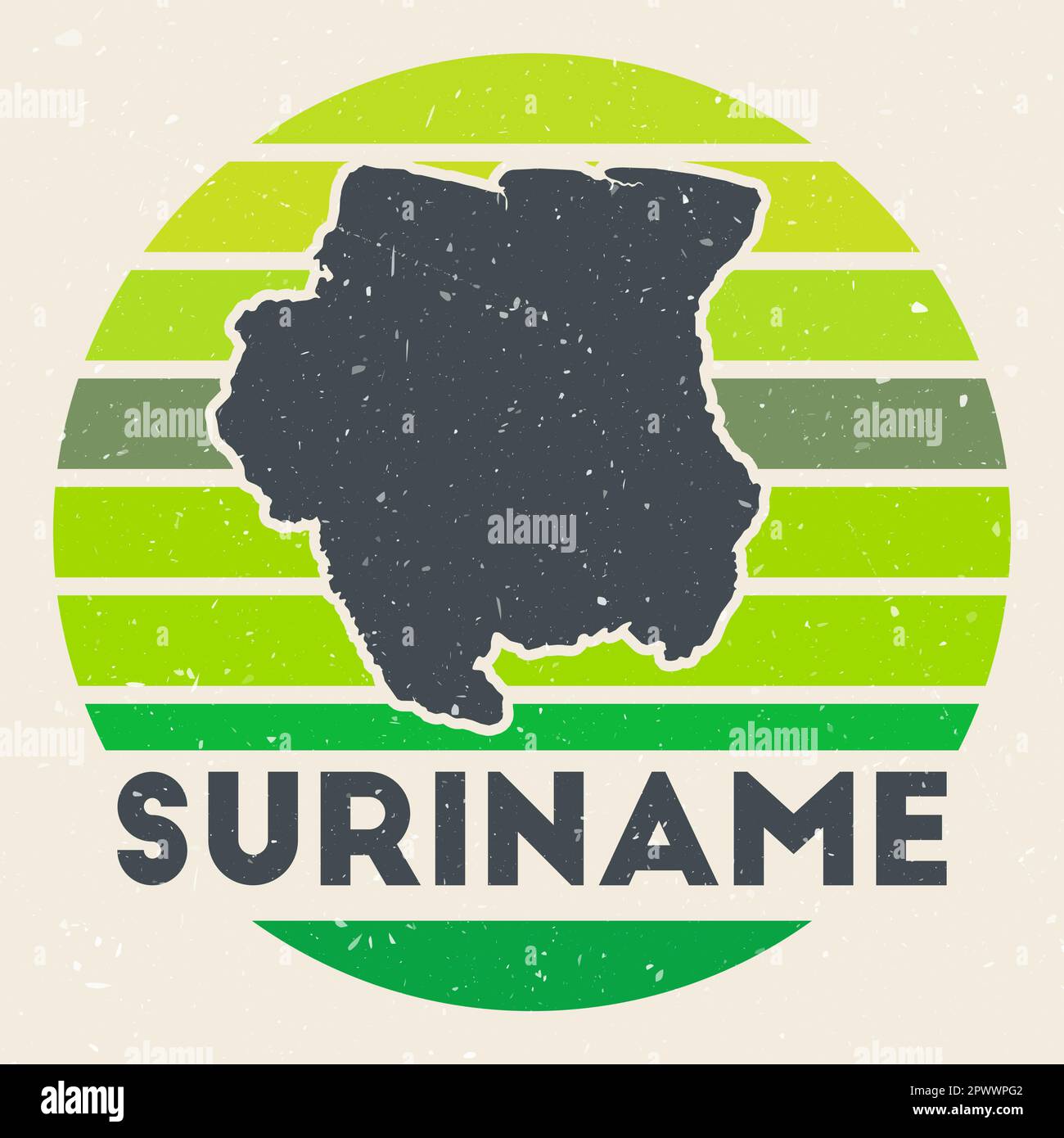 Logo Suriname. Signe avec la carte du pays et des rayures colorées ...