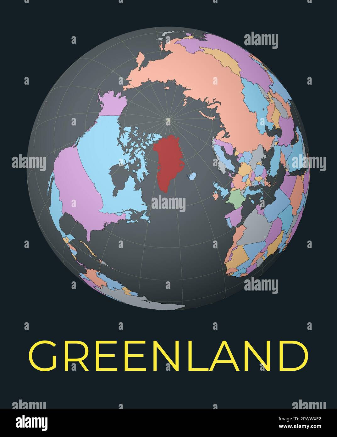 Carte du monde centrée sur le Groenland. Pays rouge mis en surbrillance. Vue mondiale satellite ...