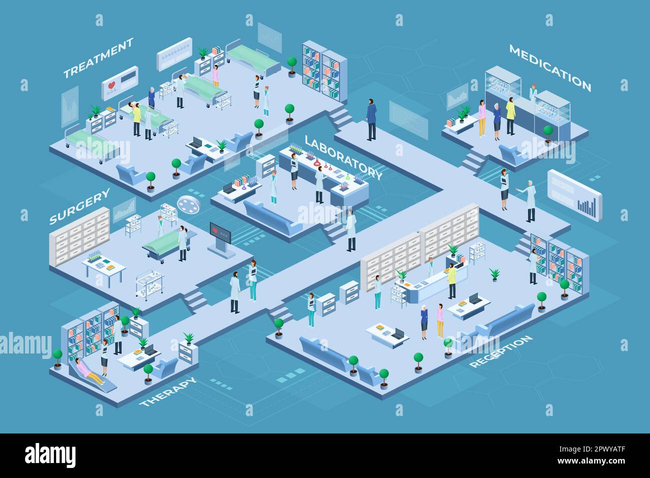 Clinique médicale isométrique. Bâtiment de l'hôpital. Intérieur des salles de chirurgie ou de ...