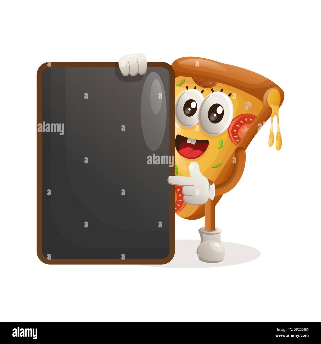 Mascotte à pizza mignonne avec menu tableau noir, menu tableau, panneau ...