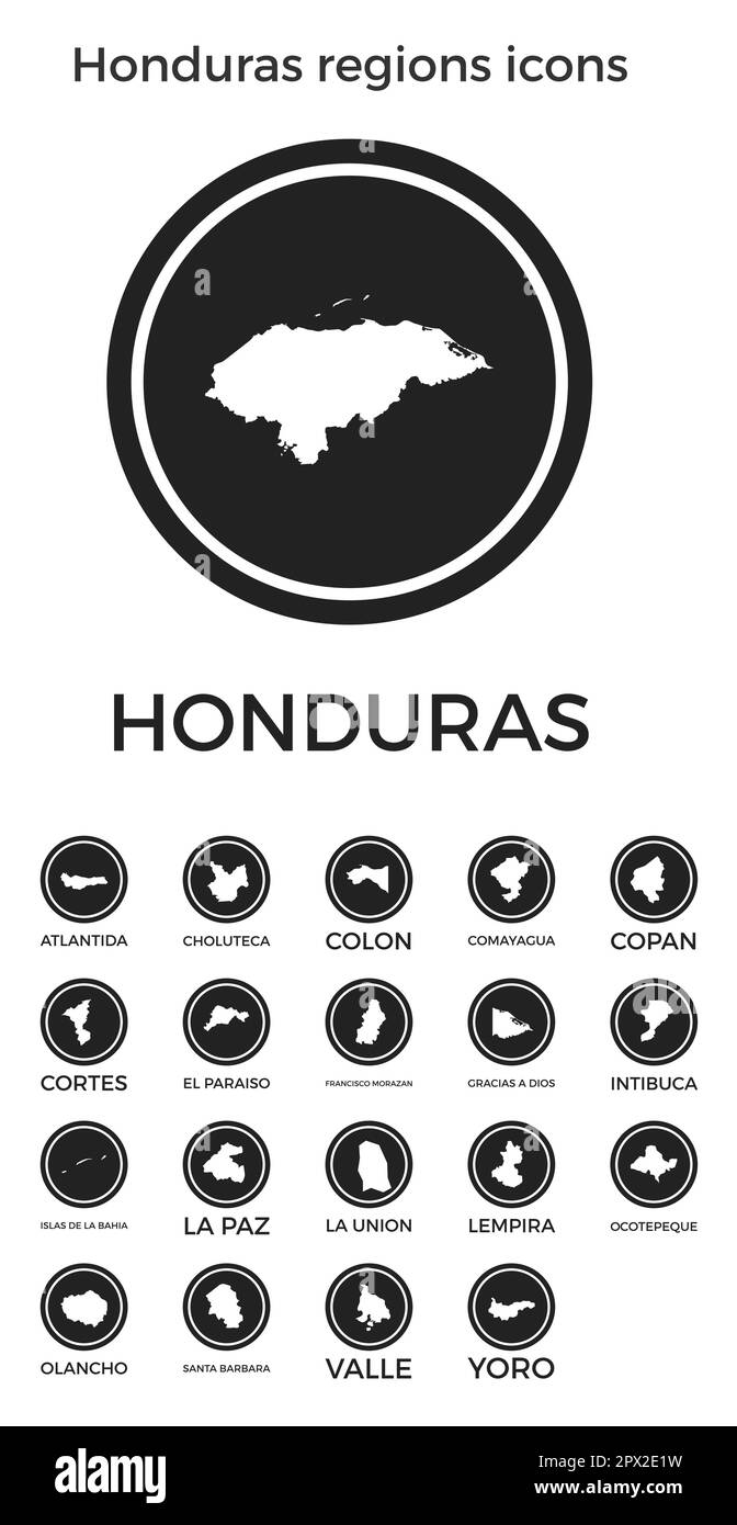 Icônes des régions du Honduras. Logos ronds noirs avec cartes et titres ...