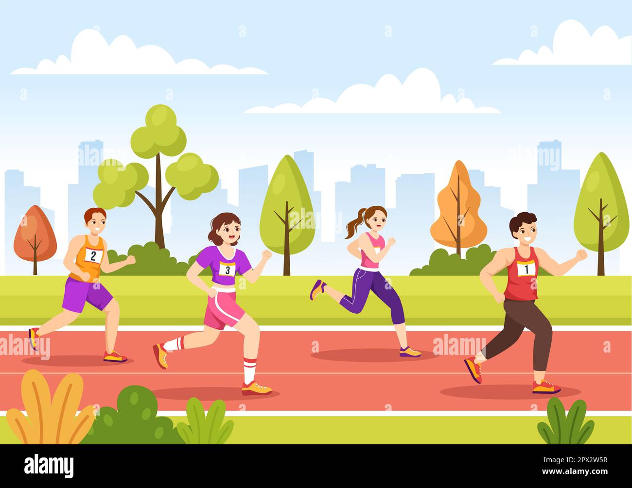Illustration de la course de marathon avec des personnes en course, en ...