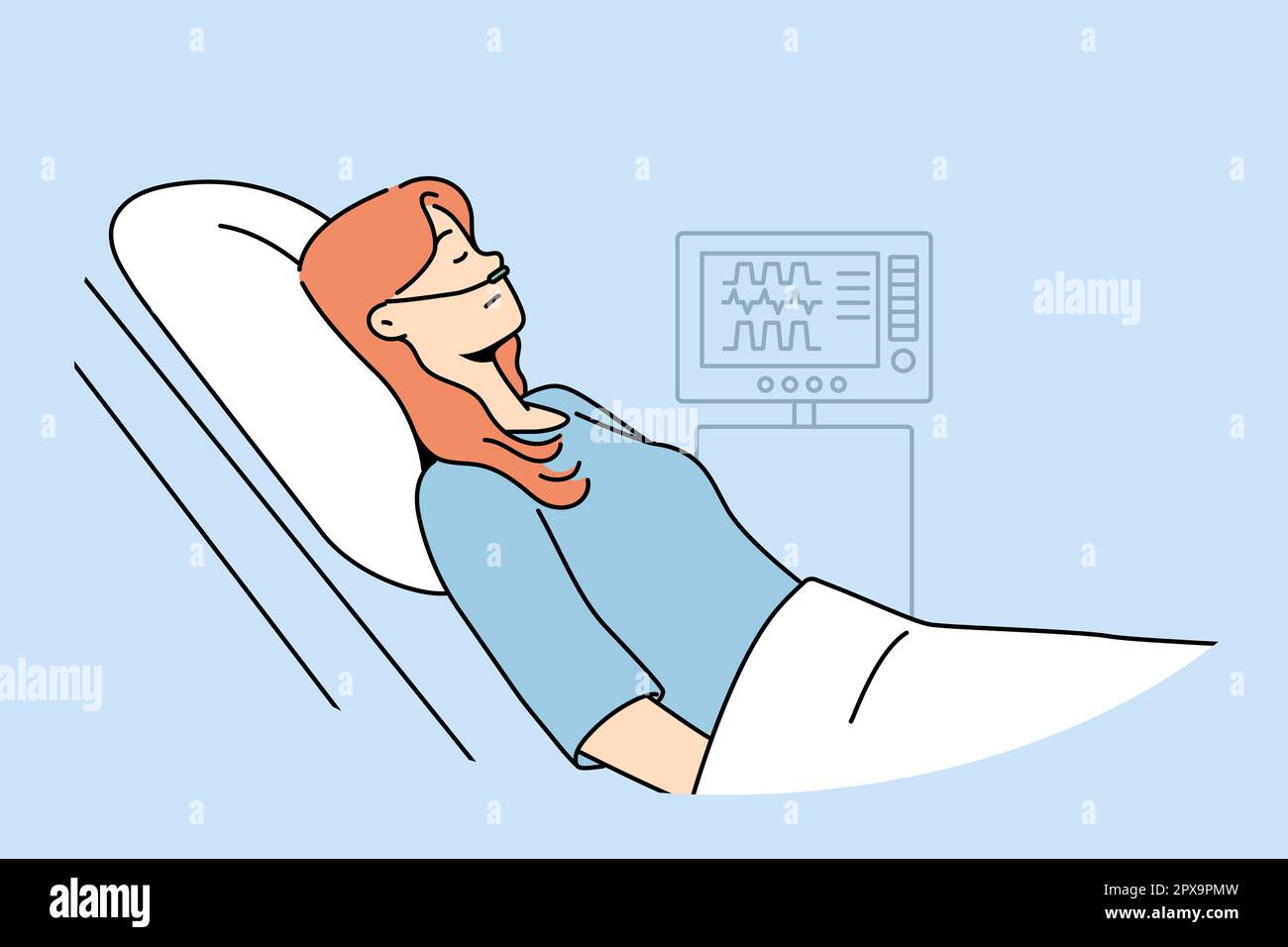 Femme malade avec de l'oxygène couché dans le lit d'hôpital. Une ...