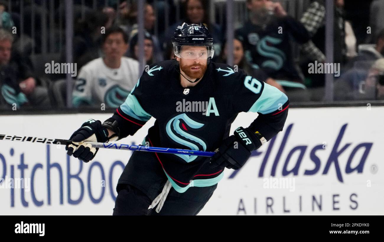 Seattle Kraken defenseman Adam Larsson (6) skates against the Colorado ...
