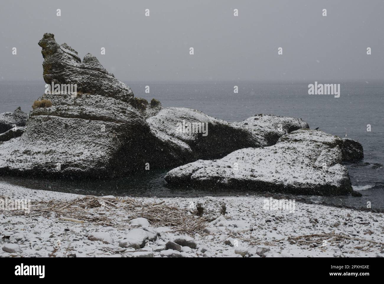 Falaise rocheuse sur la côte sous une chute de neige. Rausu. Sous ...