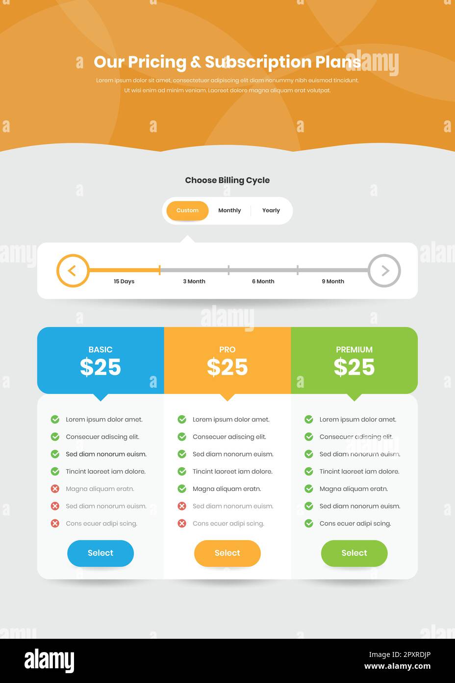 Modèle Web moderne de liste de prix et de plans d'abonnement avec option de cycle de facturation ...