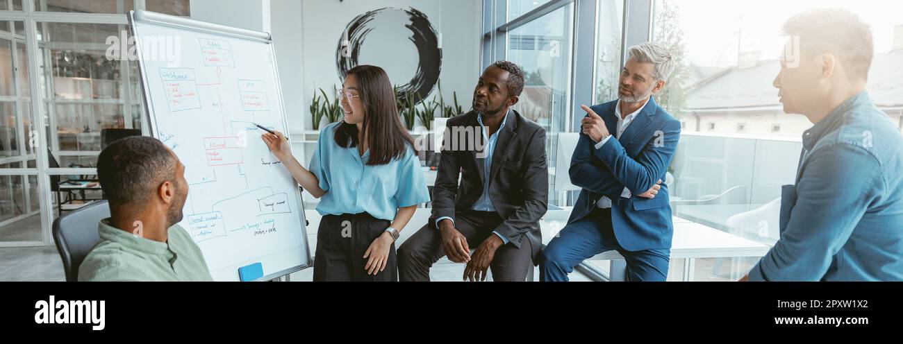 Une femme d'affaires ou un conférencier fait une présentation du ...
