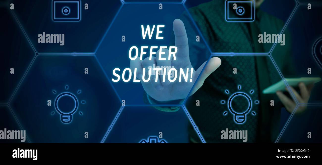 Affichage de signe nous offrons solution, Internet concept donner des ...