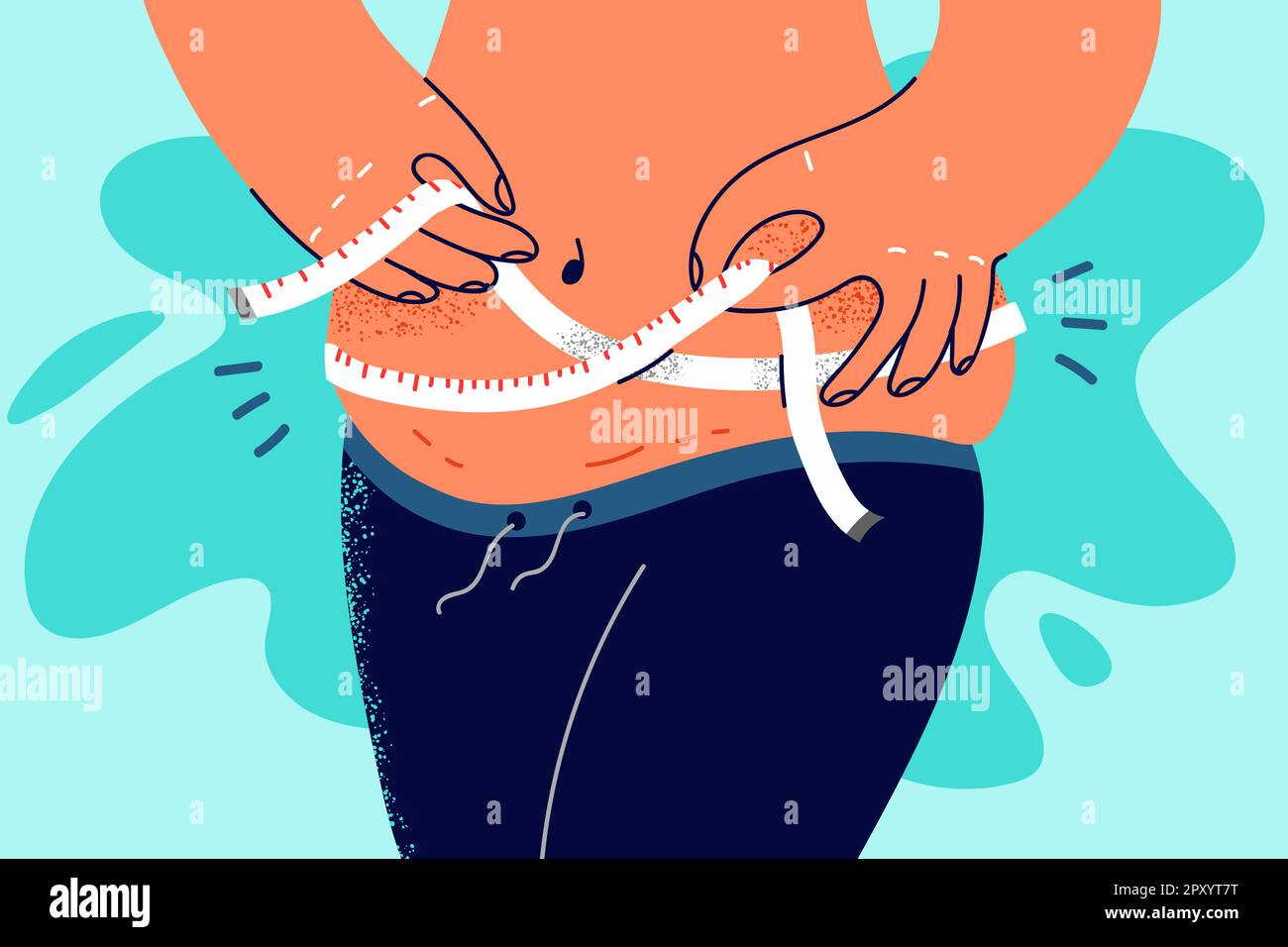 Gros plan de femme en surpoids mesurer la taille avec du ruban adhésif ...