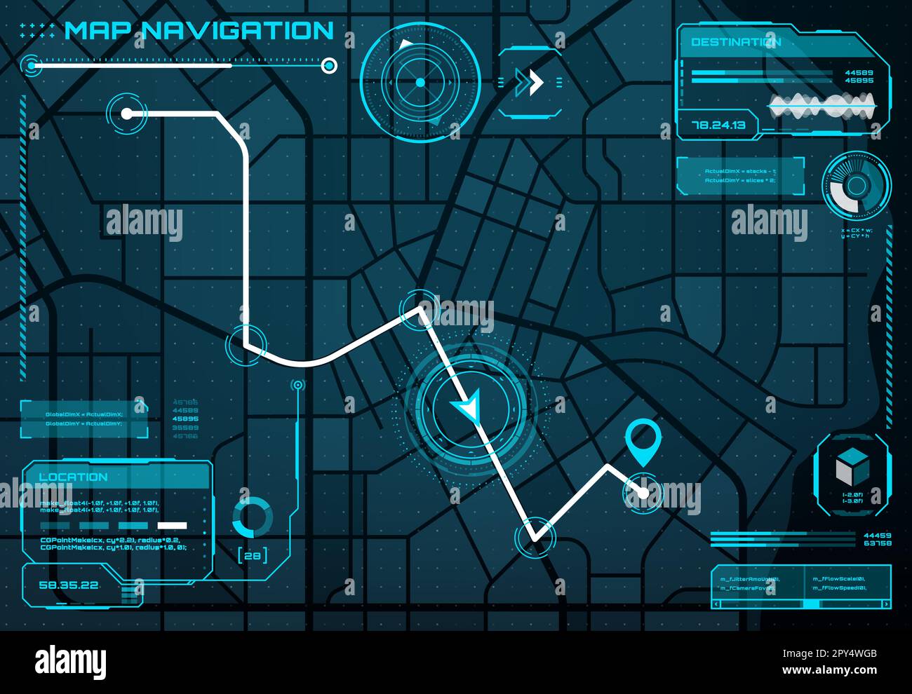 Écran de l'interface de navigation HUD, carte de la ville, itinéraire. Voie de circulation ...