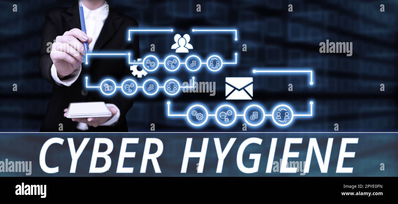 Texte d'écriture Cyber Hygiene. Concept signifiant les étapes que les utilisateurs d'ordinateur ...