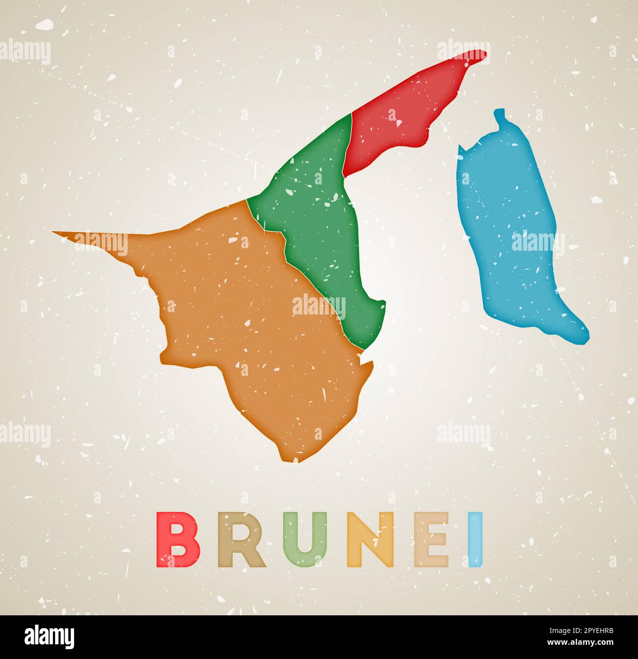 Carte de Brunei. Affiche pays avec régions de couleur. Ancienne texture ...