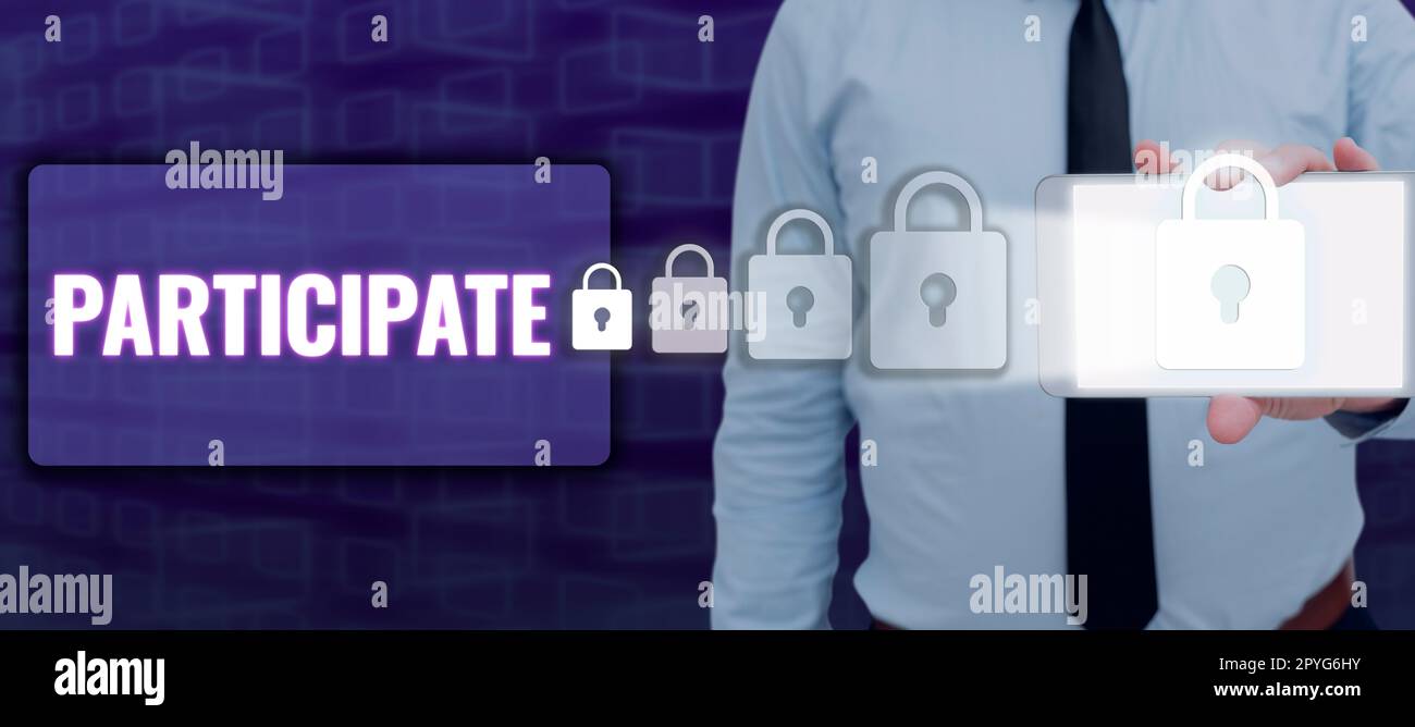 Écriture affichage du texte participer. Idée d'affaires prendre part à ...