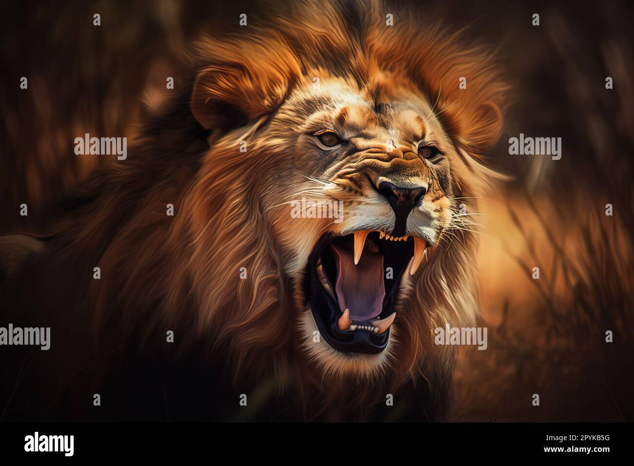 Un Lion africain féroce et puissant rugissant dans la savane - ce Lion africain rugit dans la ...