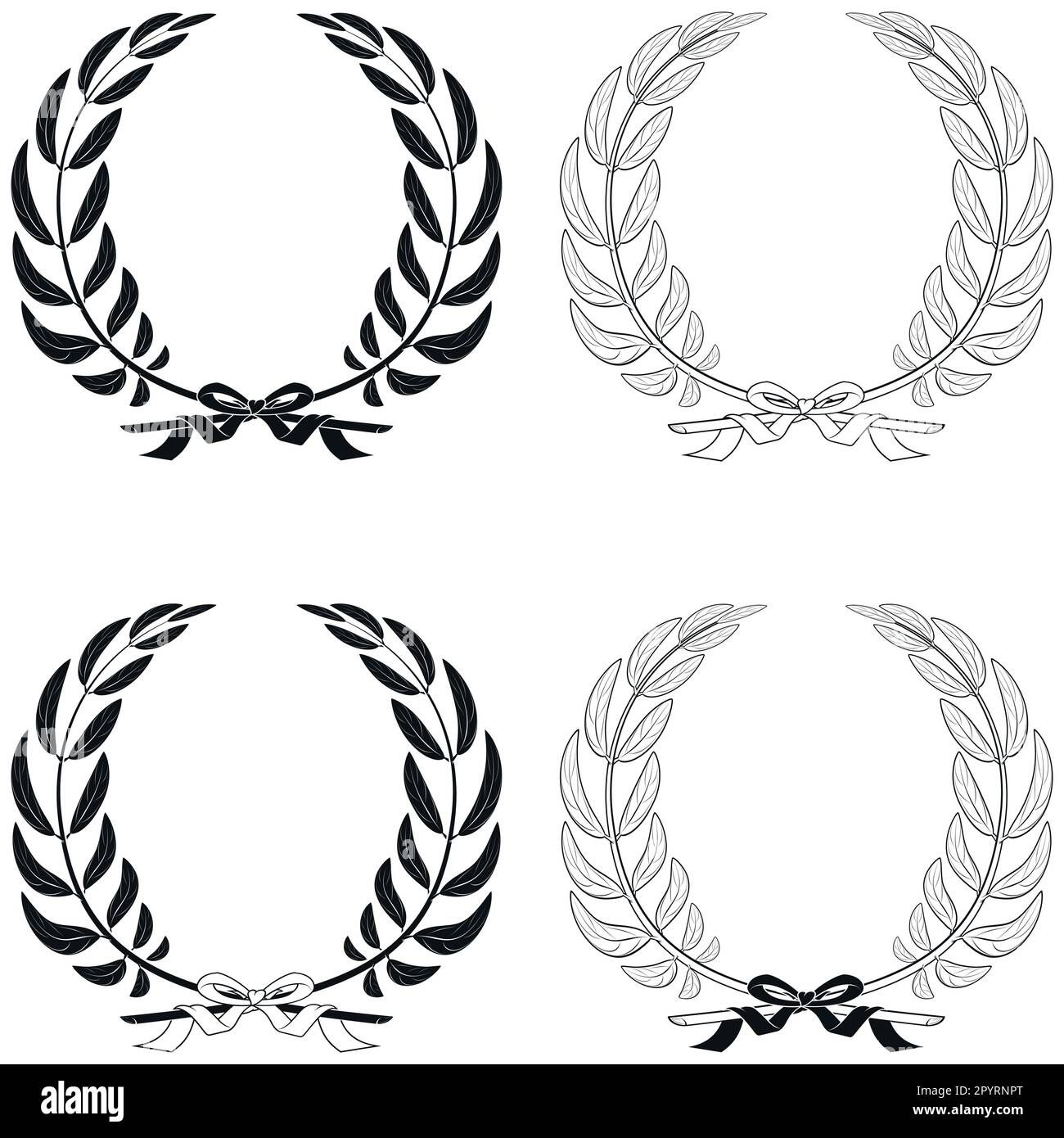 Motif vectoriel de couronne d'olive avec ruban, branche de Laurier avec ruban, lignes et styles ...