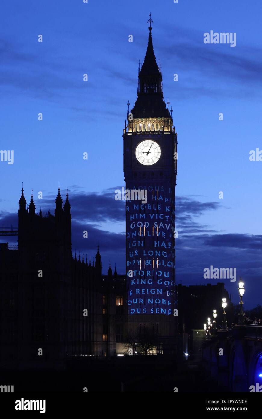 Big Ben illuminated with various decorations, on May 5, 2023, in London ...