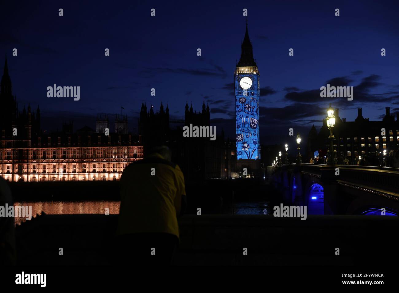 Big Ben illuminated with various decorations, on May 5, 2023, in London ...
