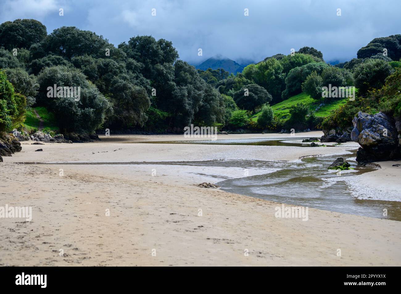 Vue sur Playa de Poo à marée basse près de Llanes, Côte verte des ...
