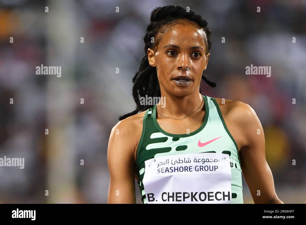 Doha, Qatar, 5 mai 2023. Beatrice Chepkoech, du Kenya, réagit en 3000m à la course Steeplechase ...