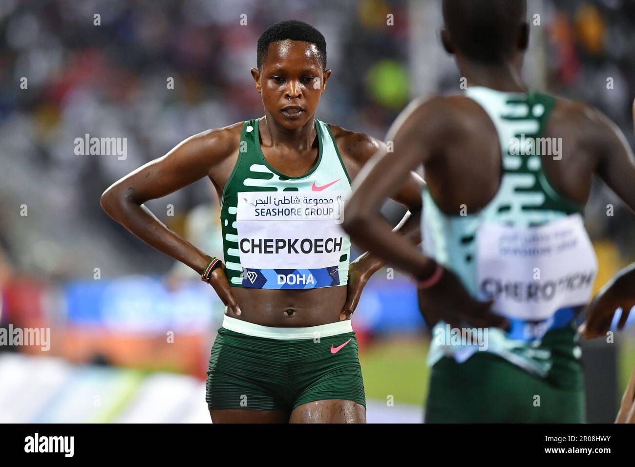 Doha, Qatar, 5 mai 2023. Jackline Chepkoech, du Kenya, réagit en 3000m à la course Steeplechase ...