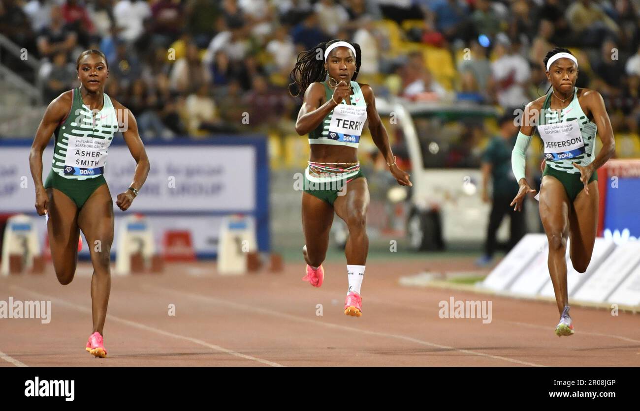 Doha, Qatar, 5 mai 2023. Dina Asher Smith, de Grande-Bretagne, Twanisha ...