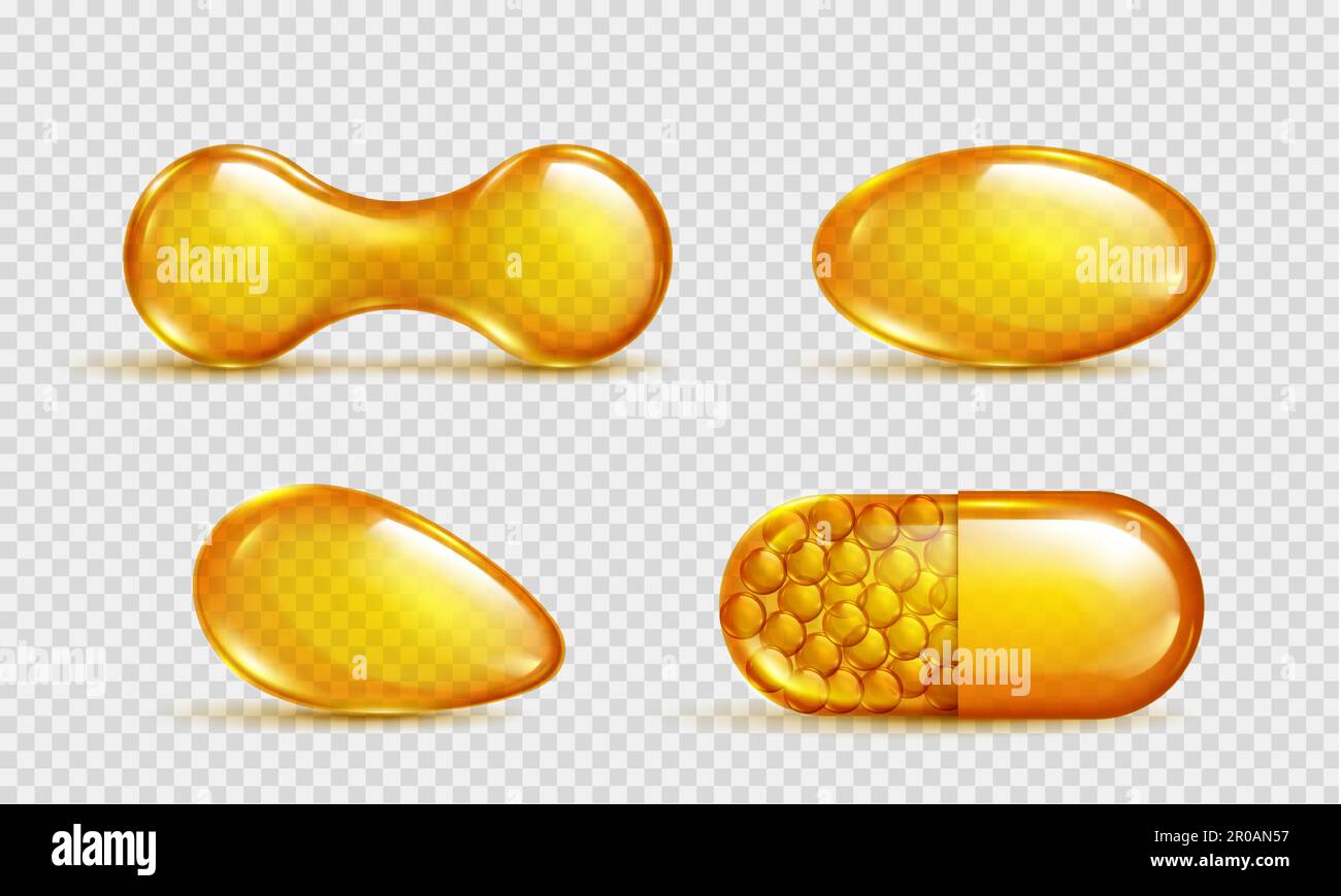 Ensemble réaliste de 3D capsules d'huile de poisson isolées sur fond ...