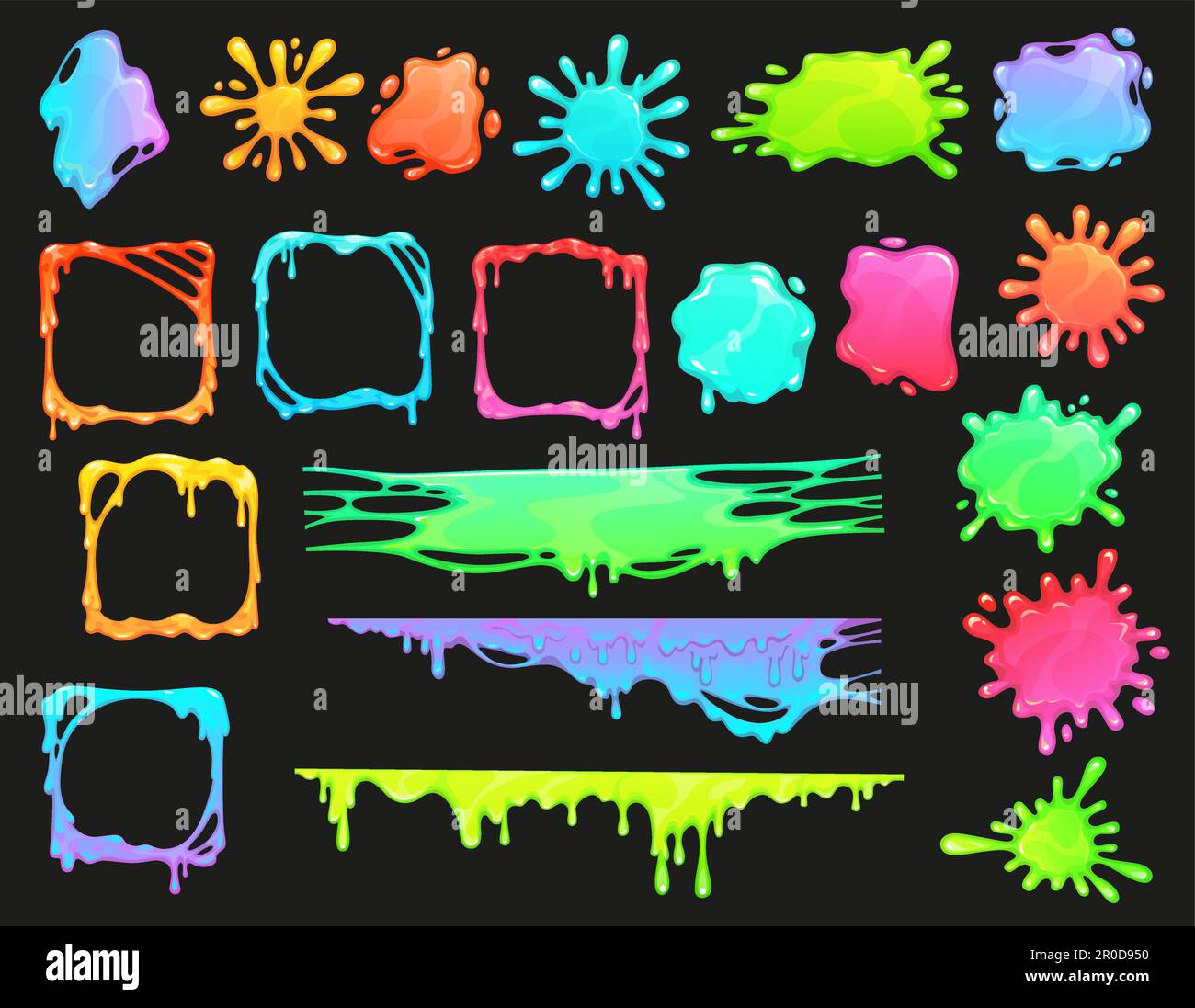 Dessins animés cadres, éclaboussures et gouttes de blob colorés ...