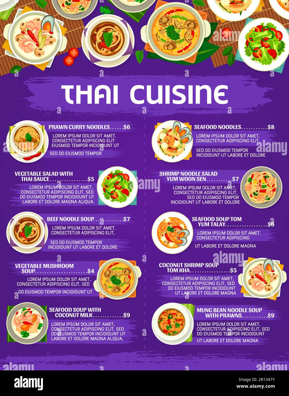 Menu de cuisine thaïlandaise, plats thaïlandais, nouilles et soupes, repas traditionnels ...