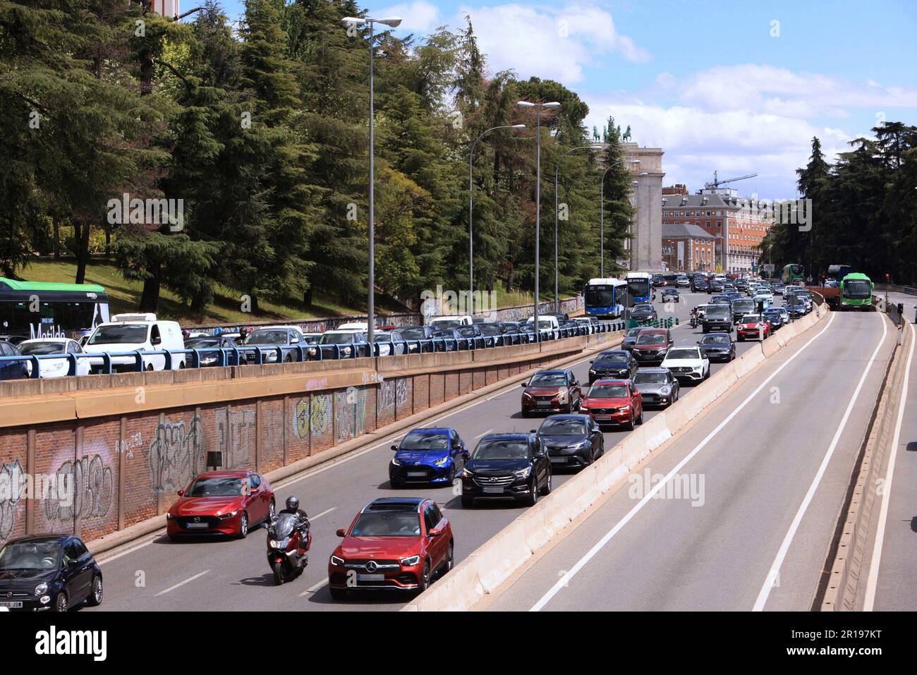 Traffic jam on the A-6 highway, on May 12, 2023, in Madrid (Spain). The ...