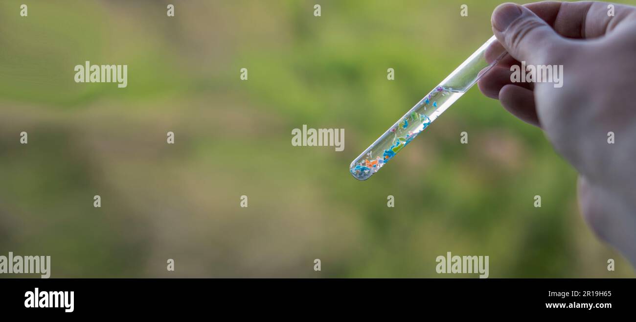 Gros plan d'un tube à essai rempli de micro-plastiques collectés sur la ...