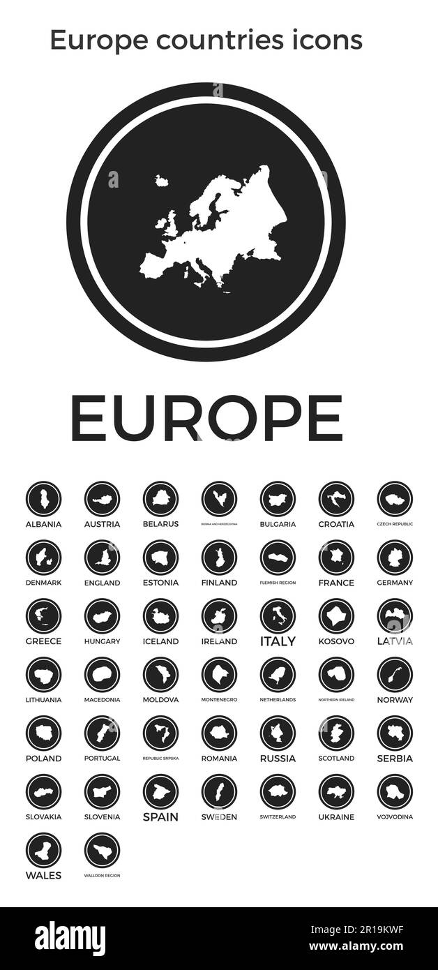Icônes des pays d'Europe. Logos ronds noirs avec cartes et titres des ...