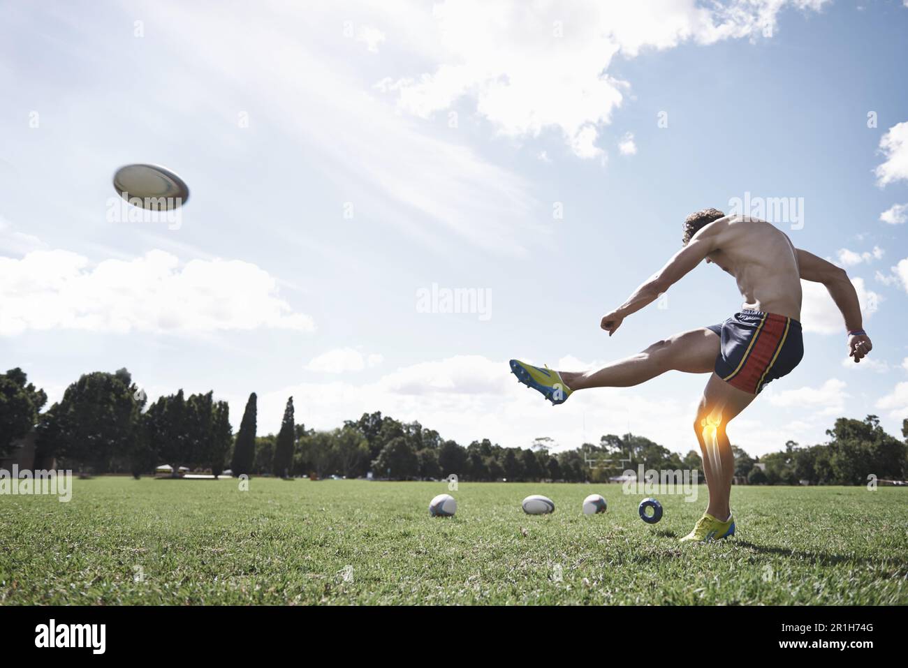Rugby, douleur d'homme et de genou, blessure sur le terrain avec ...