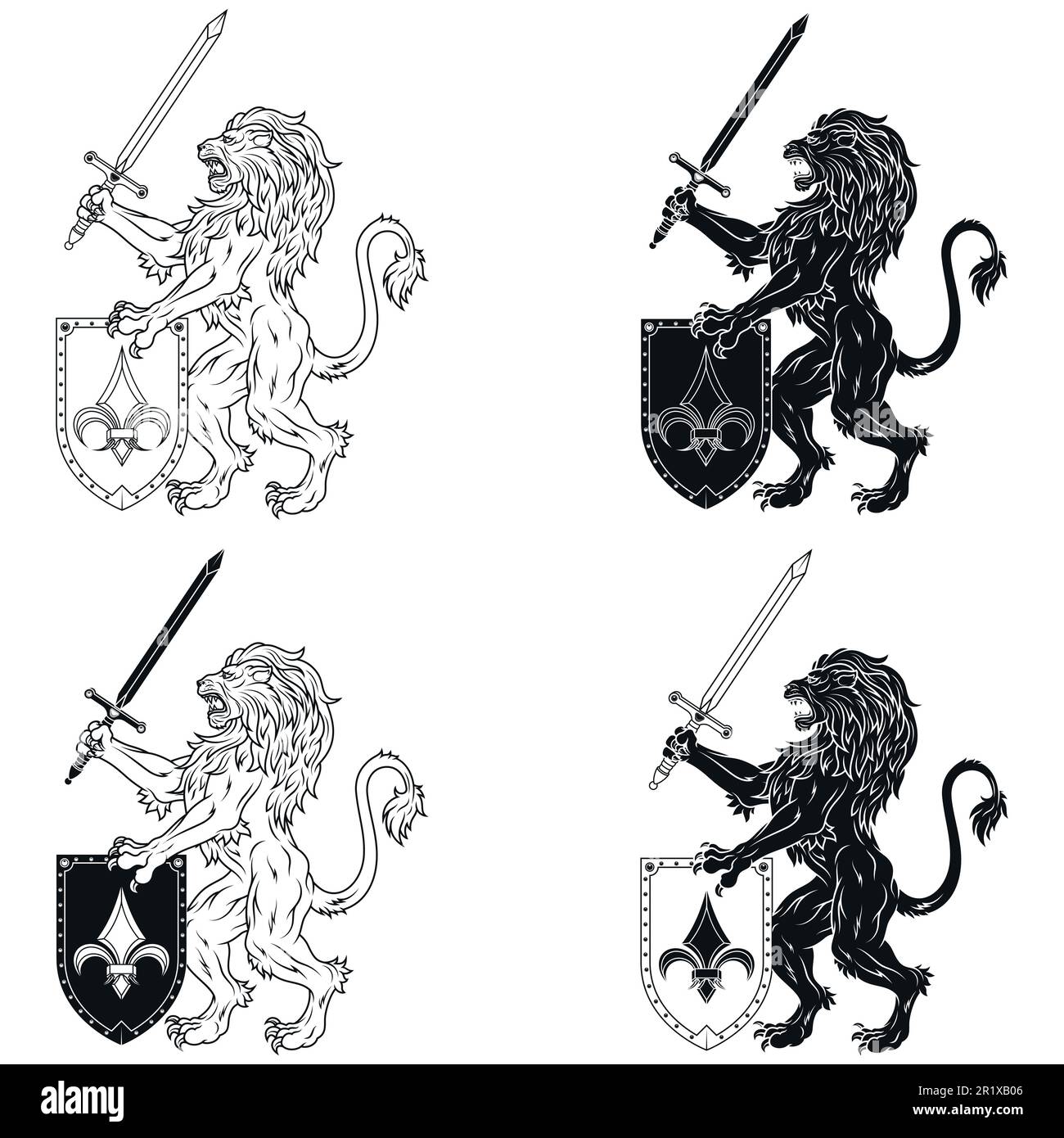 Motif vectoriel de lion avec épée et bouclier, symbole héraldique du ...