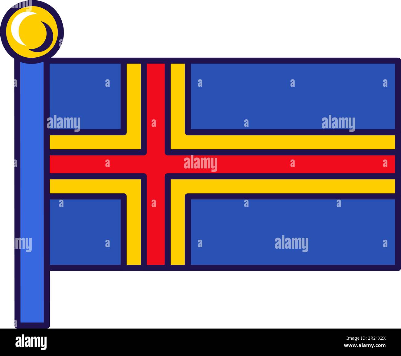 Drapeau officiel du pays Aland sur vecteur de flagpole. Croix jaune et ...