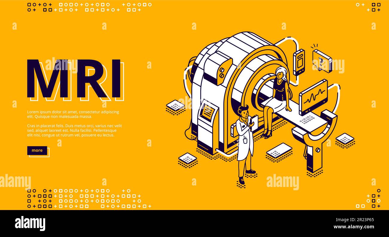Scanner IRM avec page d'accueil isométrique patient et médecin. Femme ...