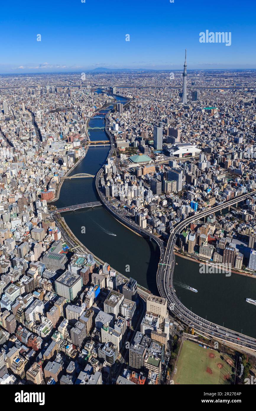 Ponts de différentes couleurs sur la rivière Sumida et Sky Tree vus du ...