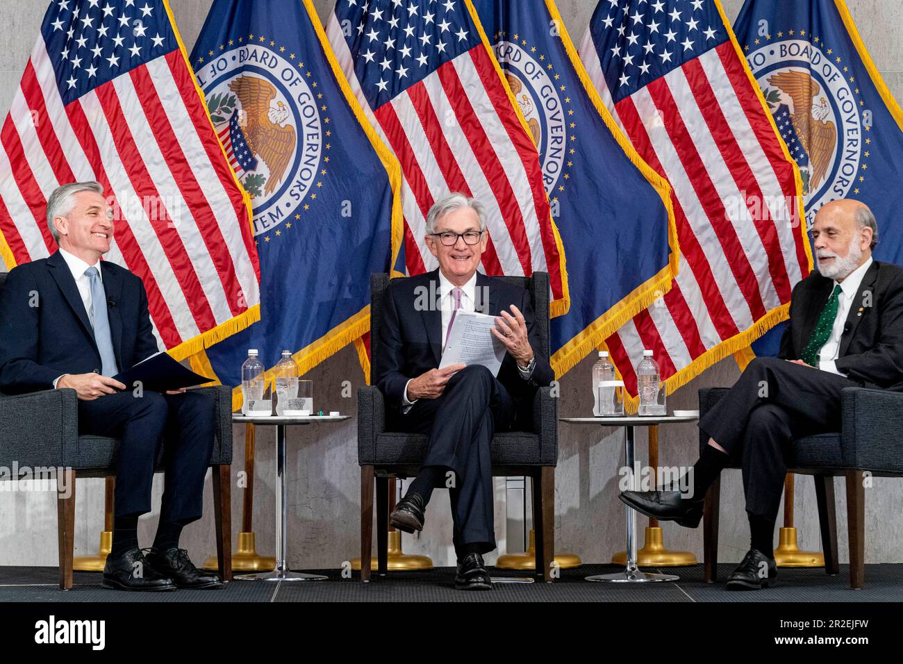 Federal Reserve Chairman Jerome Powell, center, and moderator and ...