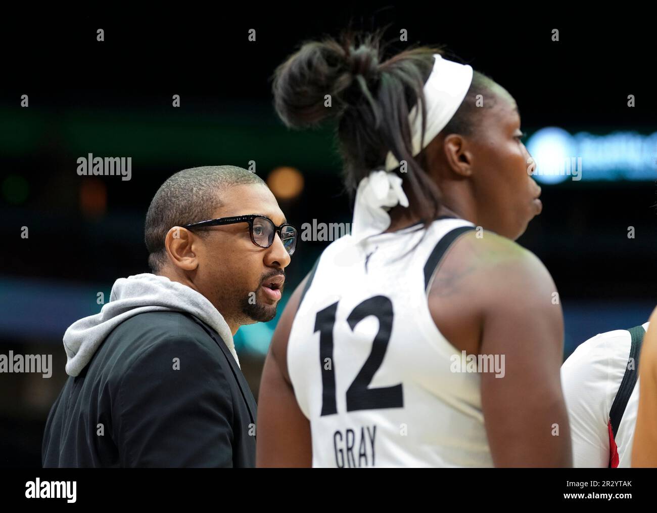 Las Vegas Aces interim head coach Tyler Marsh looks on during a timeout ...