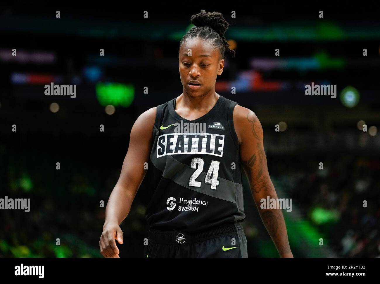 Seattle Storm guard Jewell Loyd (24) looks down during a stoppage in ...