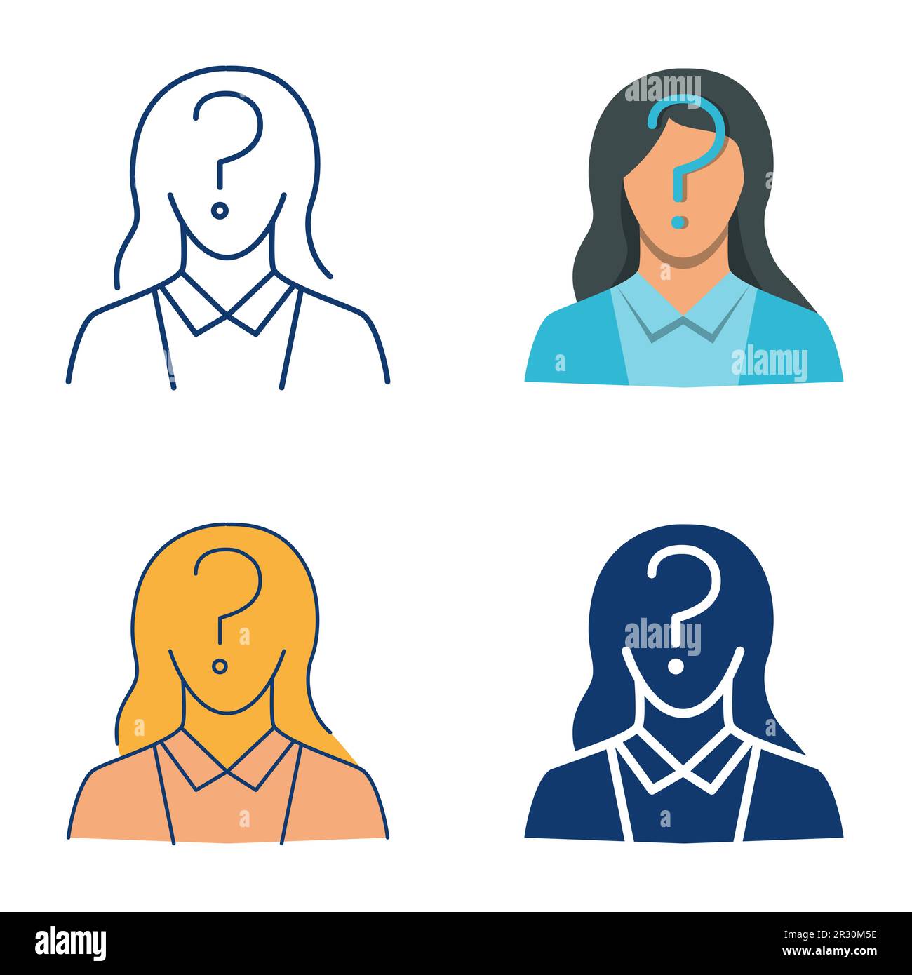 Icône femme inconnue définie dans le style plat et ligne. Symbole de ...