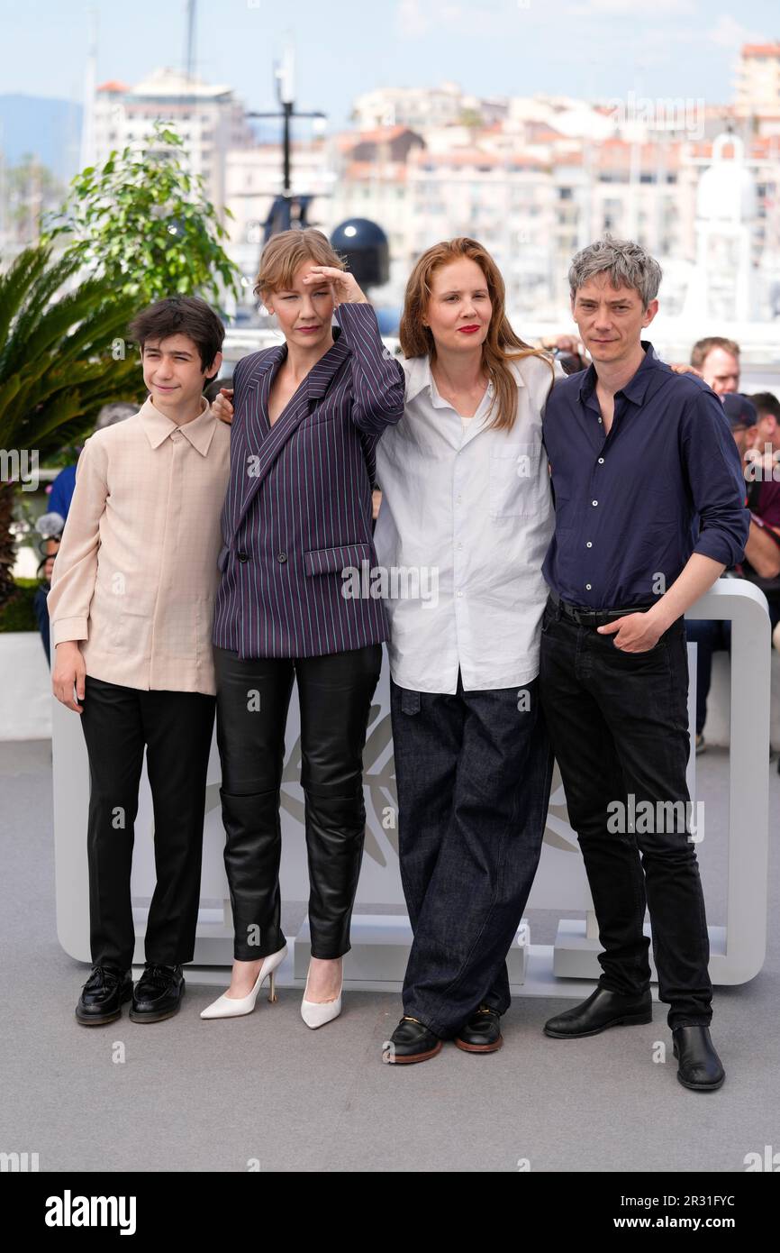 Milo Machado Graner, from left, Sandra Huller, director Justine Triet ...