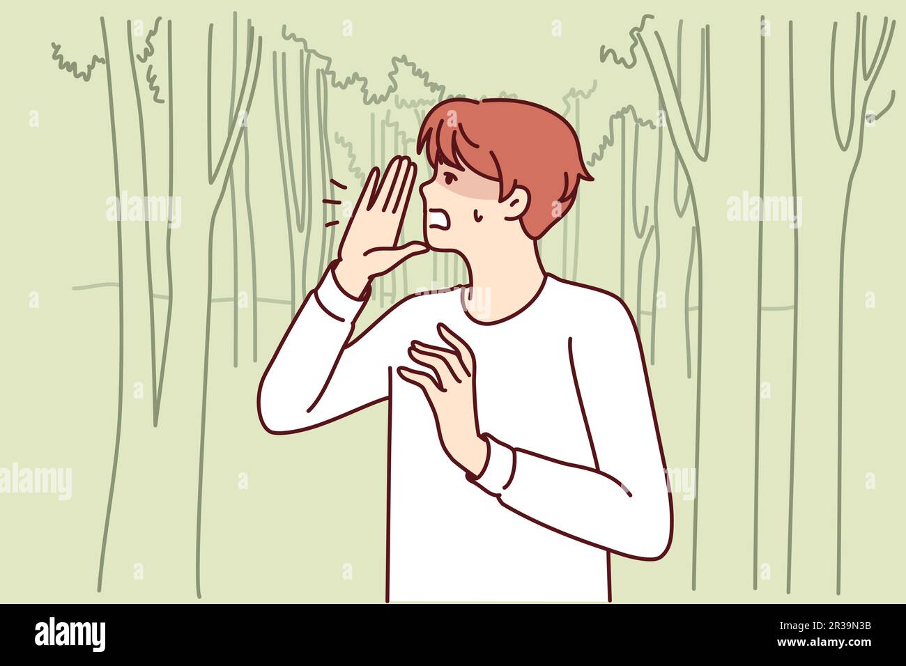 L'homme perdu dans la forêt hurle en essayant d'appeler à l'aide et de ...