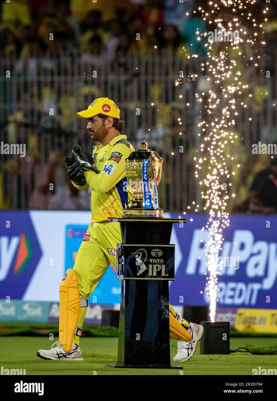 Chennai Super Kings' captain MS Dhoni enters the field before the ...