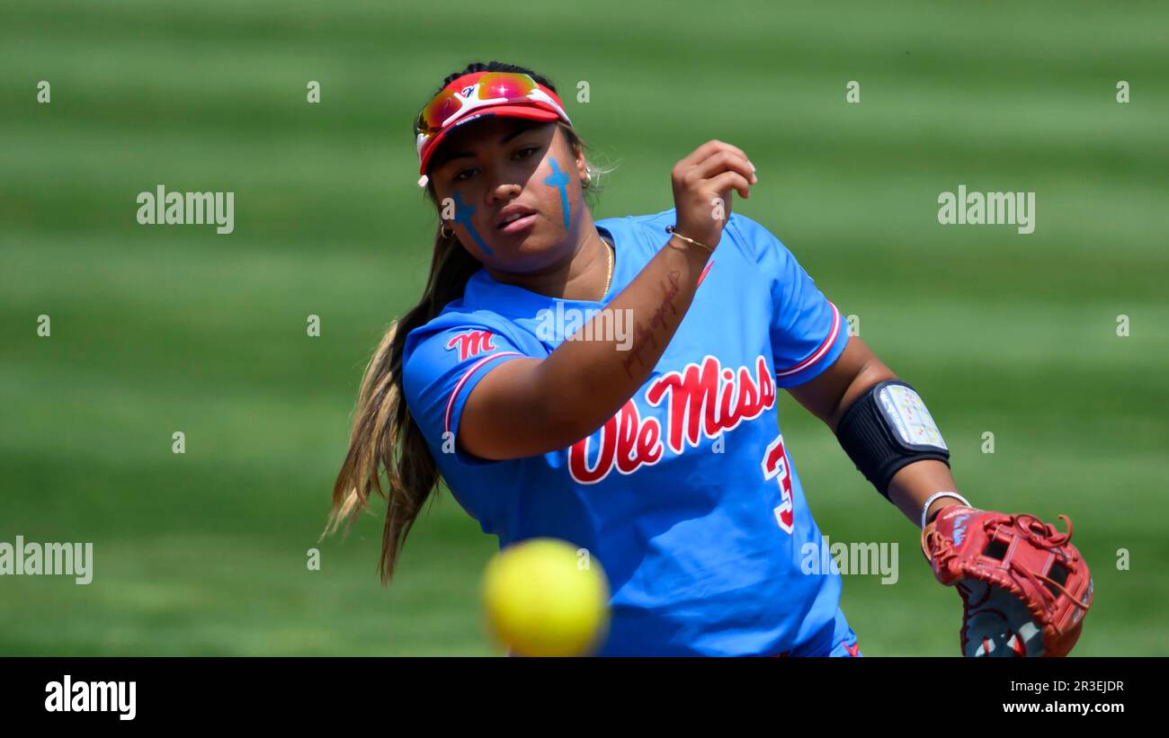 Ole Miss infielder Keila Kamoku (3) throws the ball during an NCAA ...