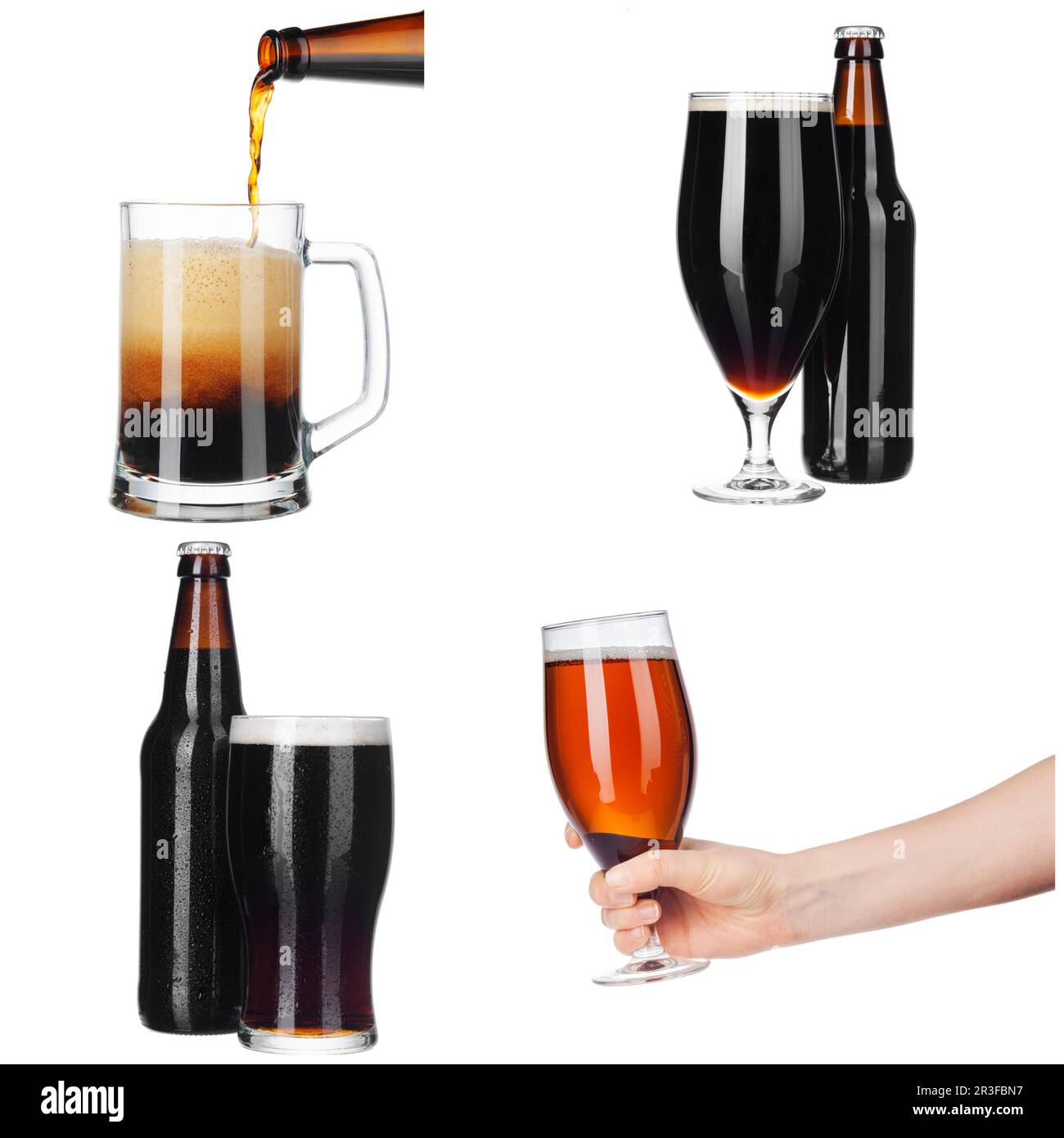 Différents types de bière dans les verres et les bouteilles, isolés sur ...