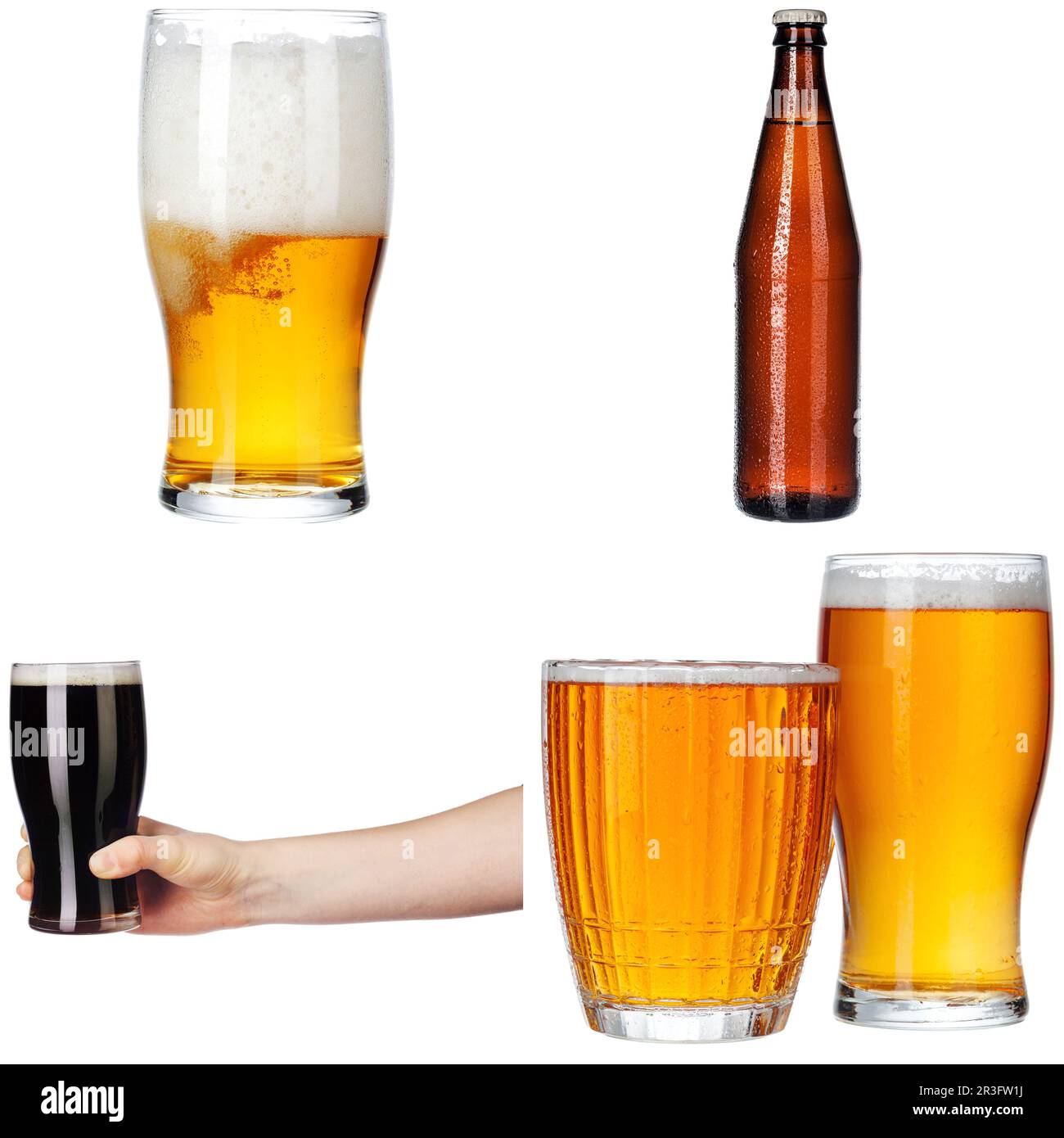 Différents types de bière dans les verres et les bouteilles, isolés sur ...
